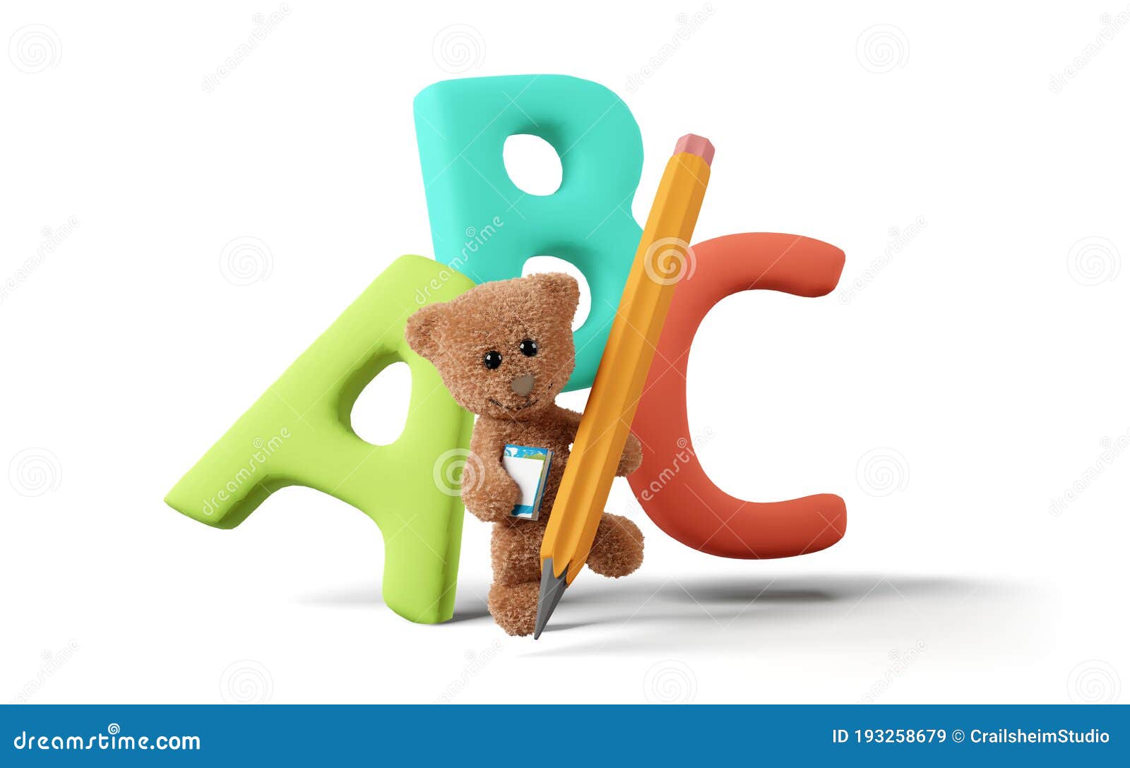 Concept of School. Cute Teddy Bear with Pencil and Book and ABC 3d ...