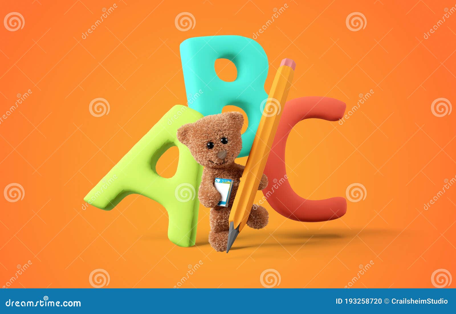 Concept of School. Cute Teddy Bear with Pencil and Book and ABC 3d ...