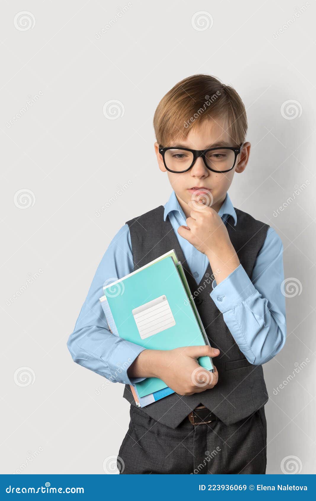 Concept of School Knowledge. Boy with Notebooks Looks Closely and ...