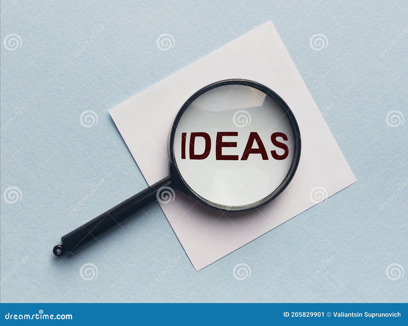 Concept of Searching Ideas. Word through Magnifier Over Blue Background ...