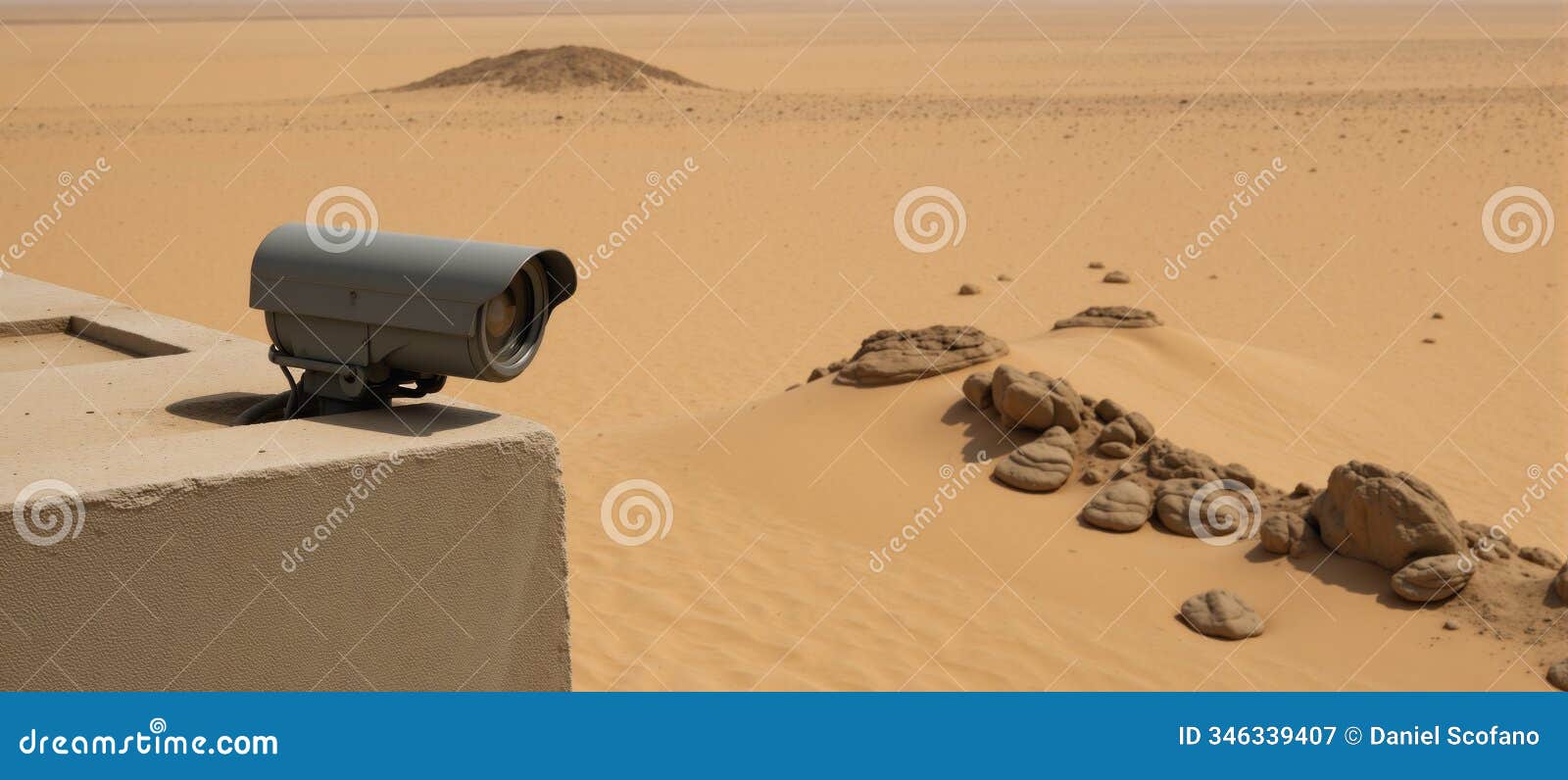 Security Camera Positioned on a Concrete Wall Surveilling Desolate Desert Terrain Stock ...
