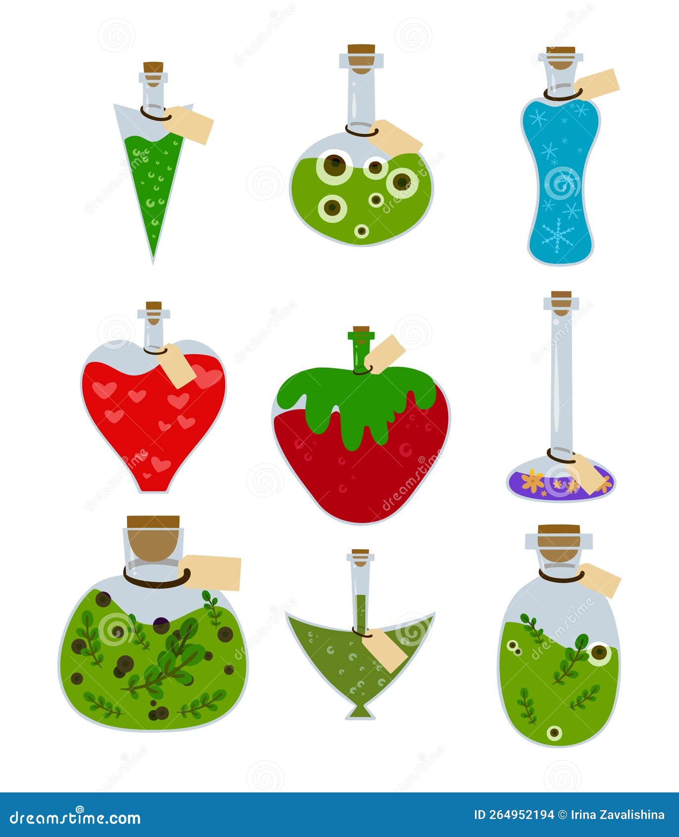Concept of Set of Magic Potion Bottles. Vector Illustration. Different ...