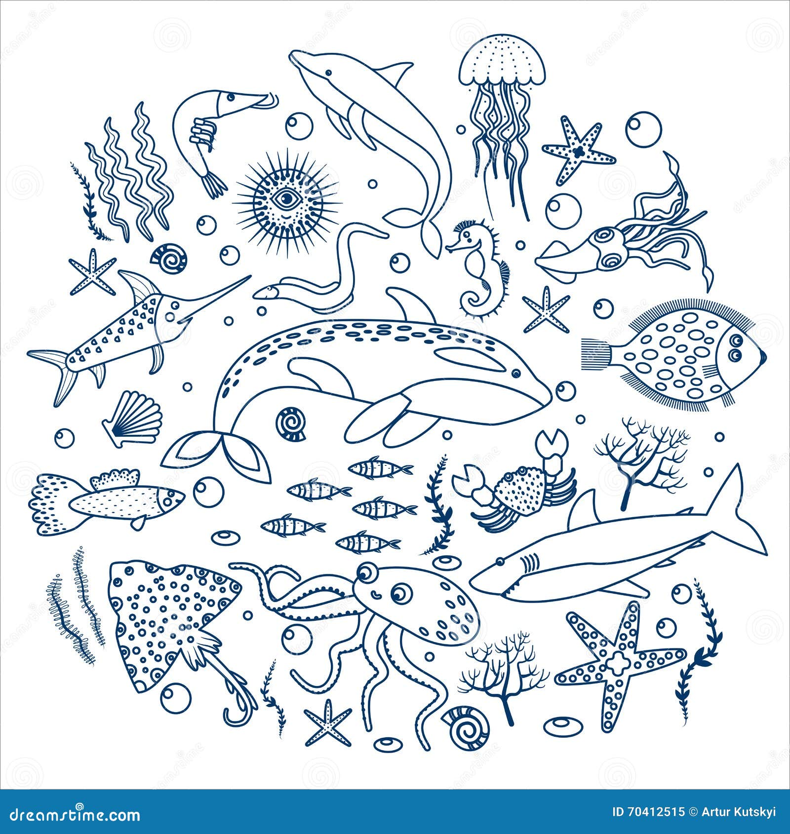 Concept Set of Sea Animals Fish. Outline Line Vector Illustration ...