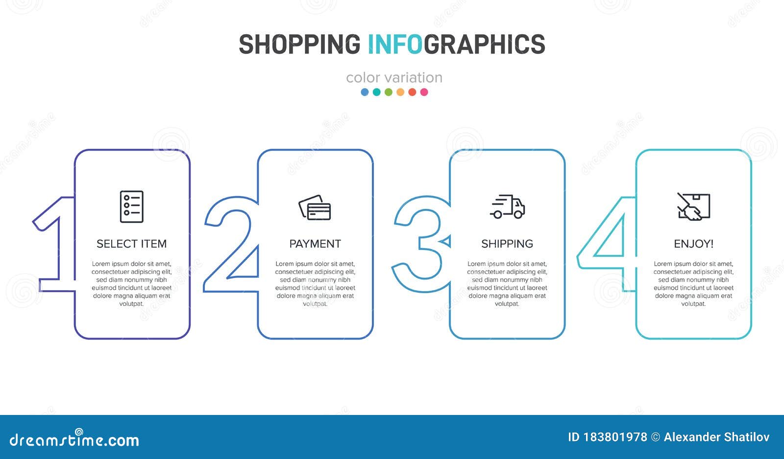 Concept of Shopping Process with 4 Successive Steps. Four Colorful ...