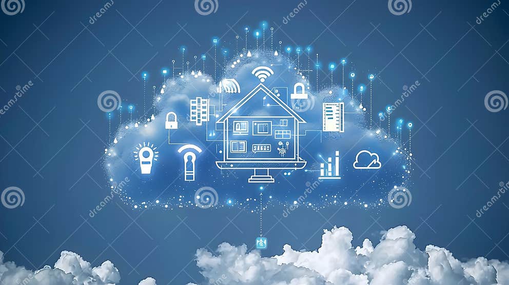 Concept of Smart Home with Cloud Computing and Icons on Blue Background.Generated by AI Stock ...