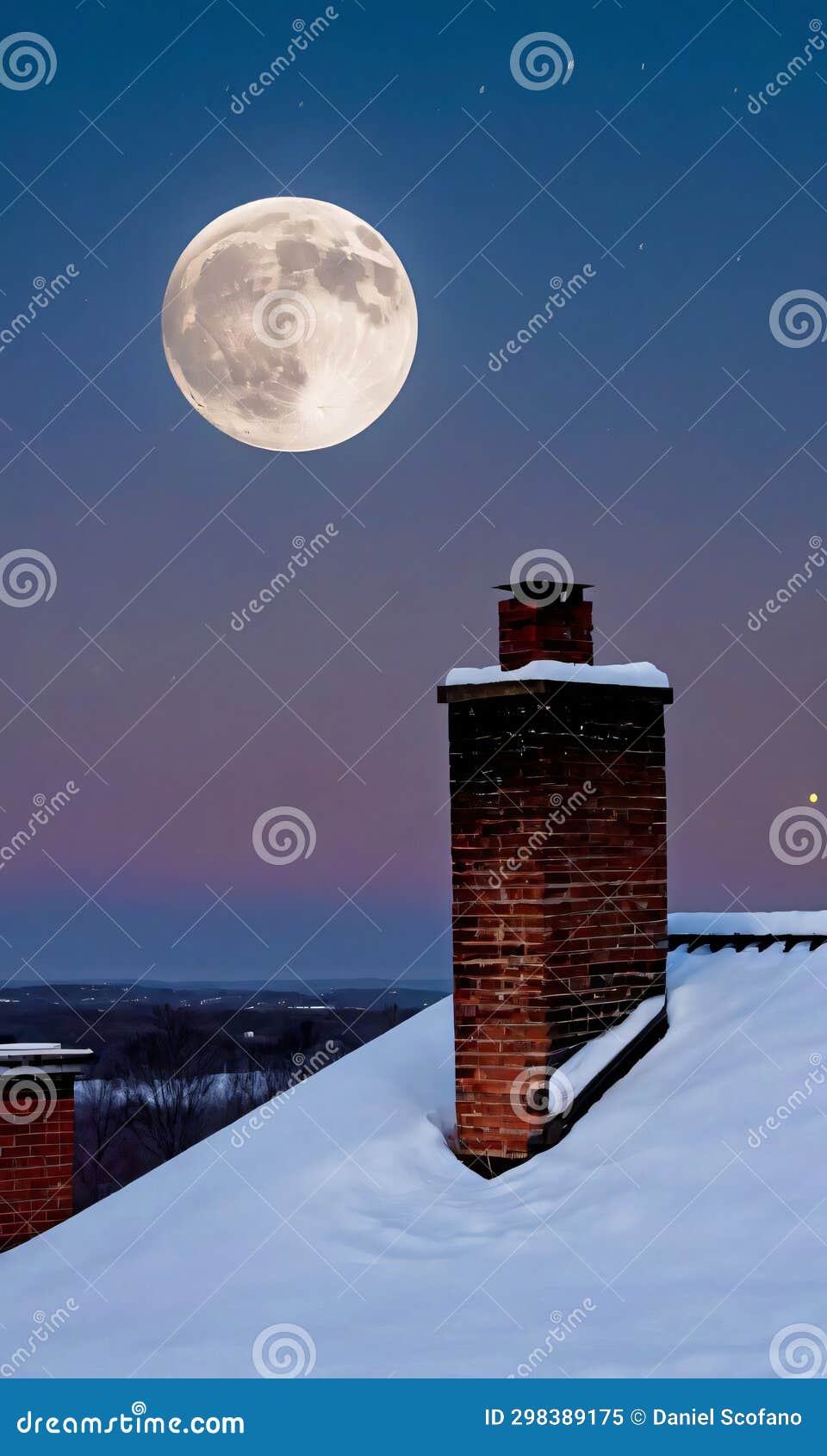 A Snowy Rooftop with a Lit Chimney and a Full Moon in the Background ...
