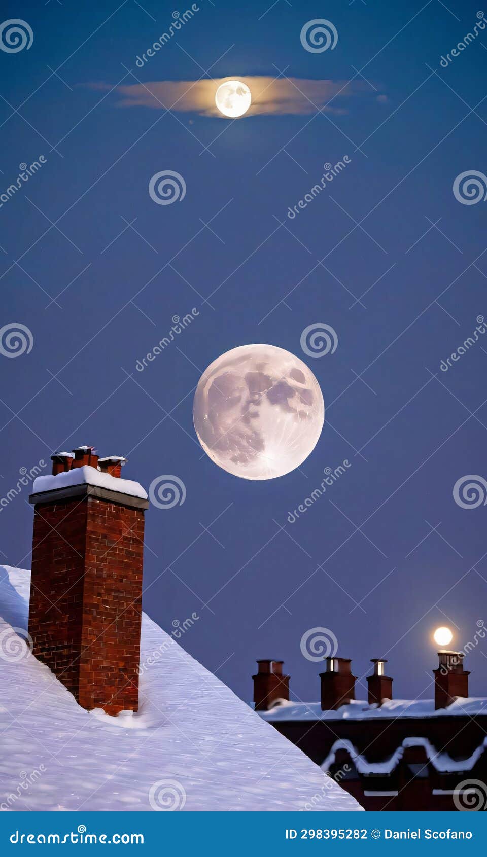 A Snowy Rooftop with a Lit Chimney and a Full Moon in the Background ...