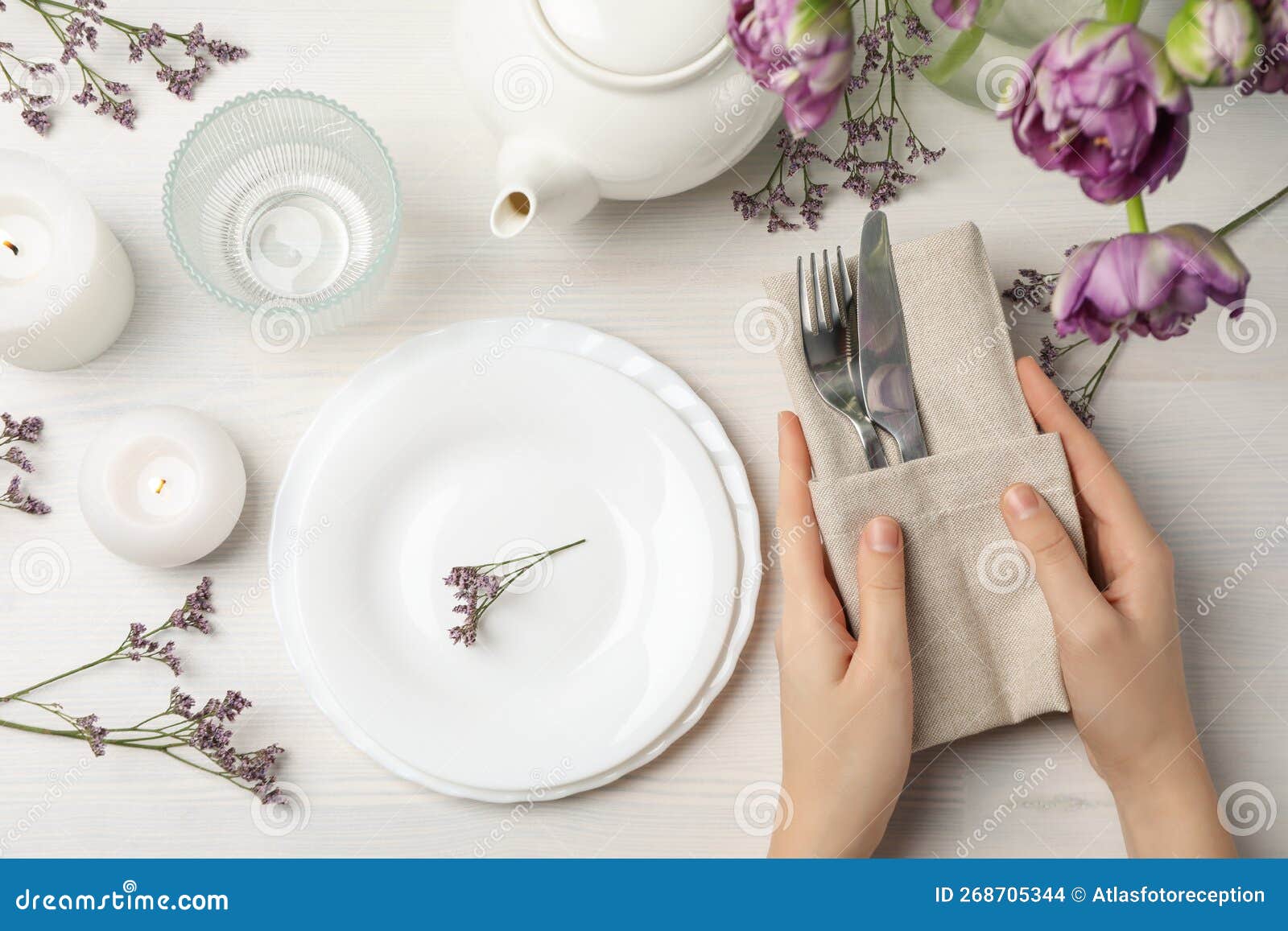 Concept of Spring Season Table Setting, Top View Stock Photo - Image of ...