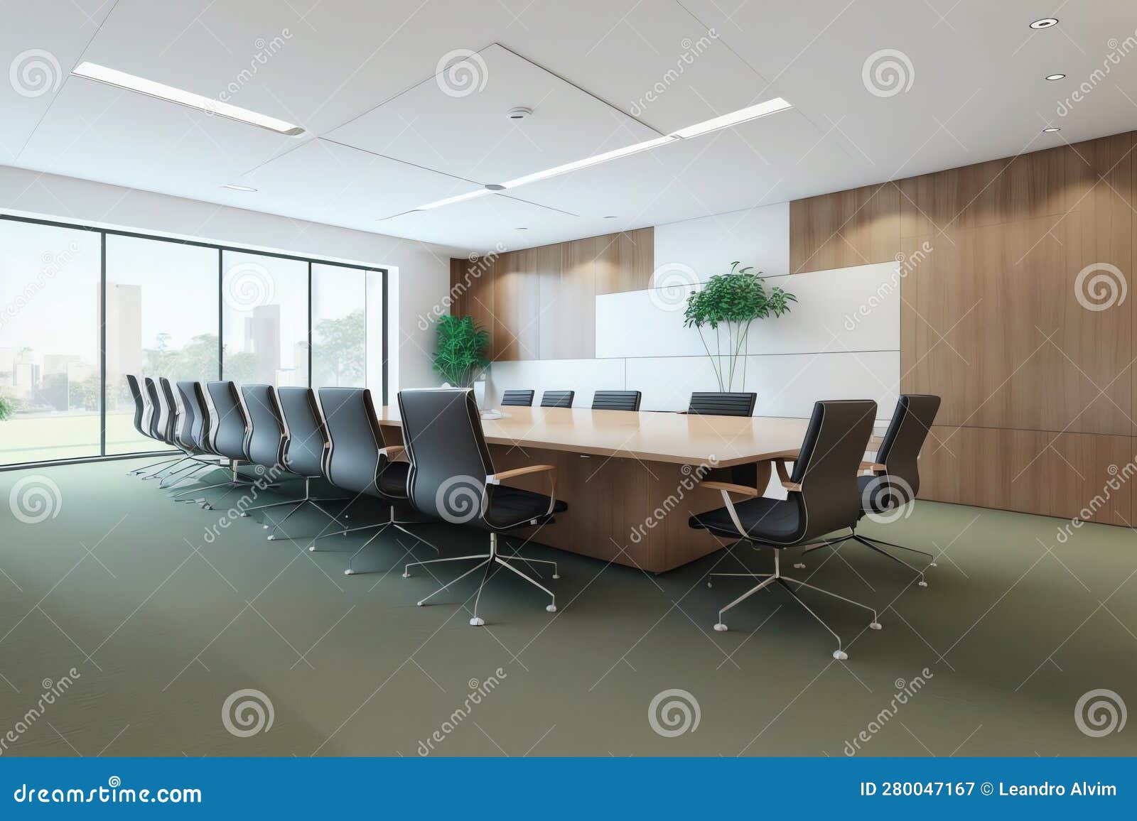 Stylish and Spacious Conference Room with Meeting Table and Bookshelf ...