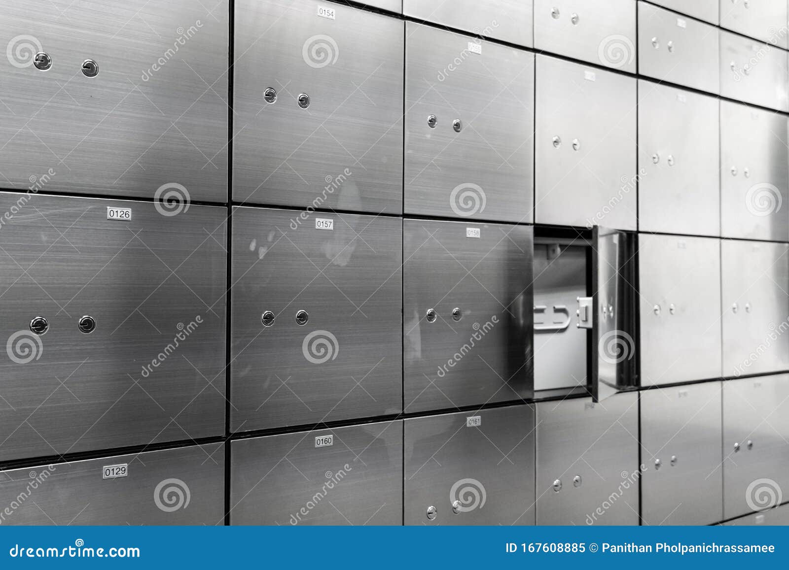 Metal Safe Box Panel Wall with Open One. Stock Image - Image of ...