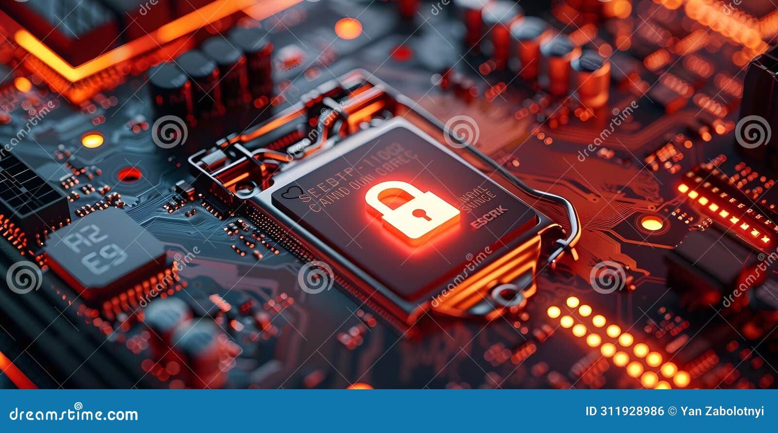 Closeup of a Computer Motherboard with a Lock Symbol Representing ...