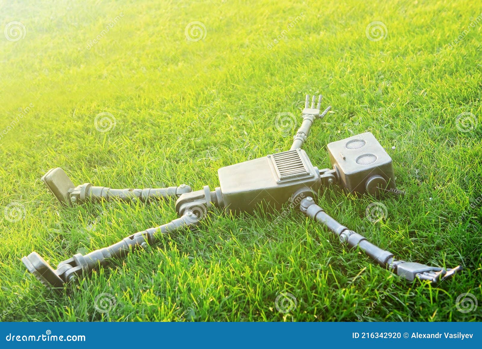 Happy Humanoid Robot Lies on the Autumn Grass Stock Photo - Image of ...
