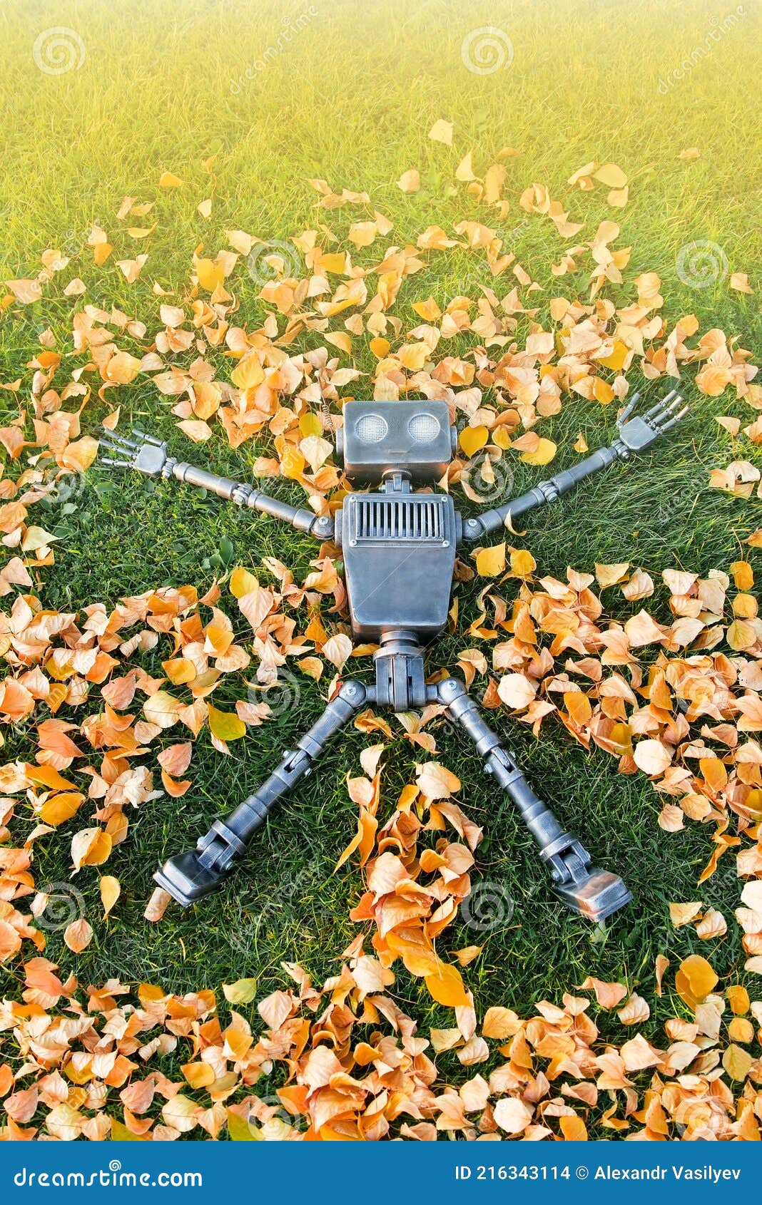 Happy Humanoid Robot Lies on the Autumn Grass Stock Photo - Image of ...