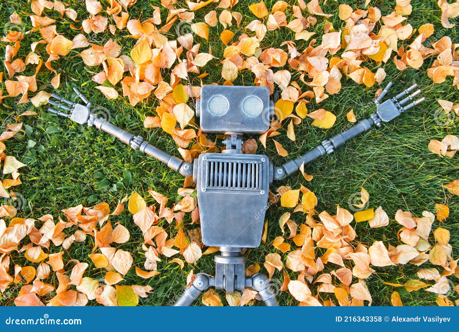 Happy Humanoid Robot Lies on the Autumn Grass Stock Photo - Image of ...