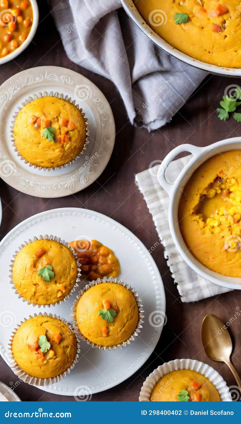 Thanksgiving Corn Pudding Muffins beside a Dish of Turkey and Pumpkin ...