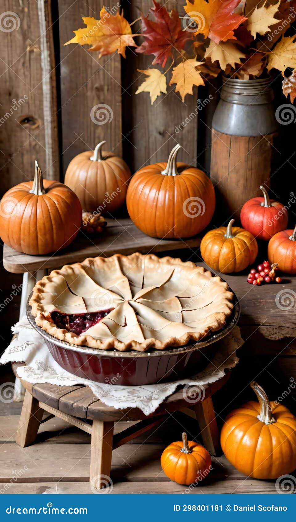 Thanksgiving Pie on a Wooden Stool with a Rustic Barn Settin ...