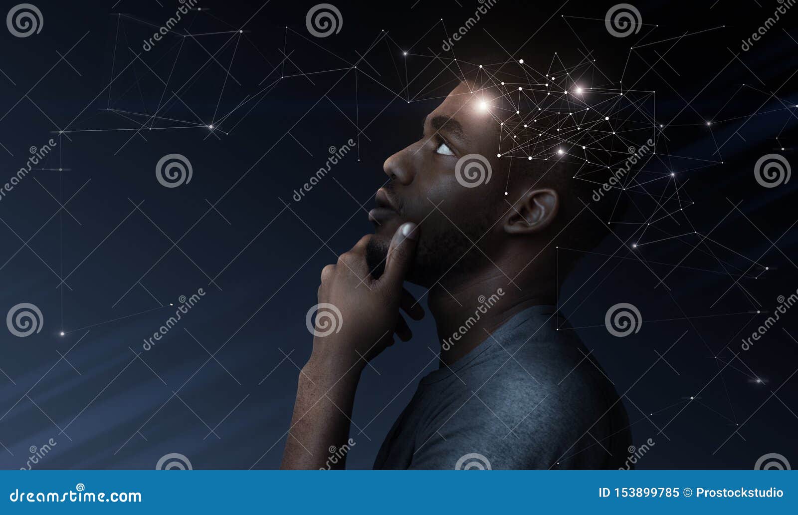 Thoughtful African Man with Illustration of Brain Activity Process ...