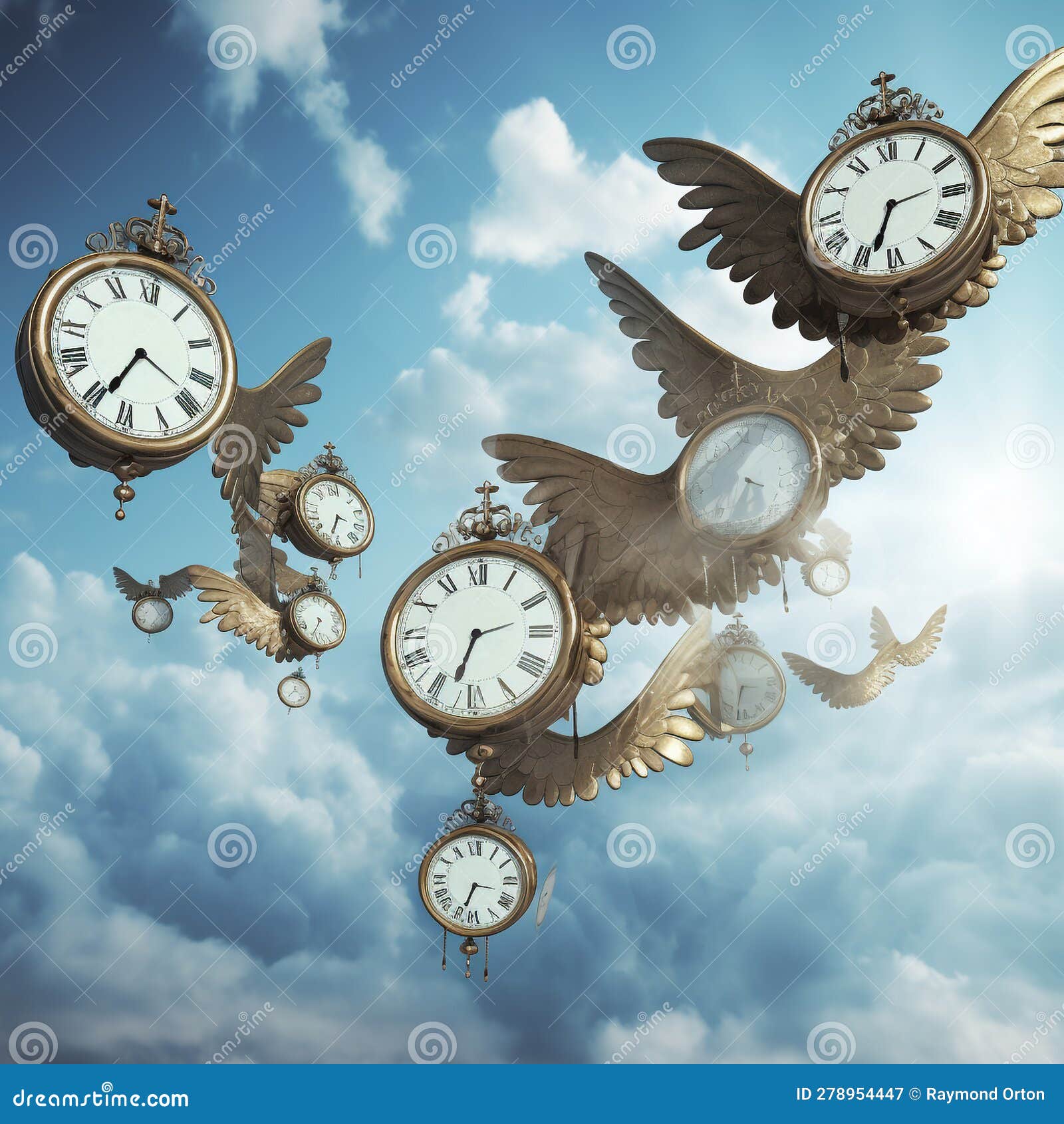 Clocks with Wings in the Sky, Concept of Time Fly S, Stock Illustration ...