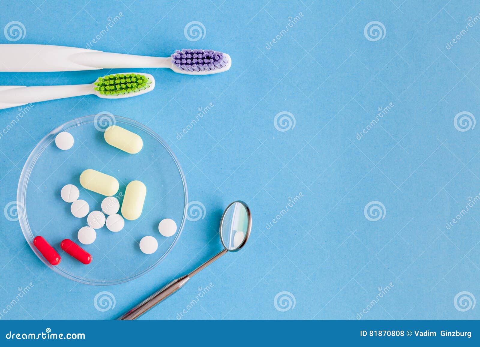 Concept Tooth Pain - Dentist Tools, Tablet at Blue Background Stock ...