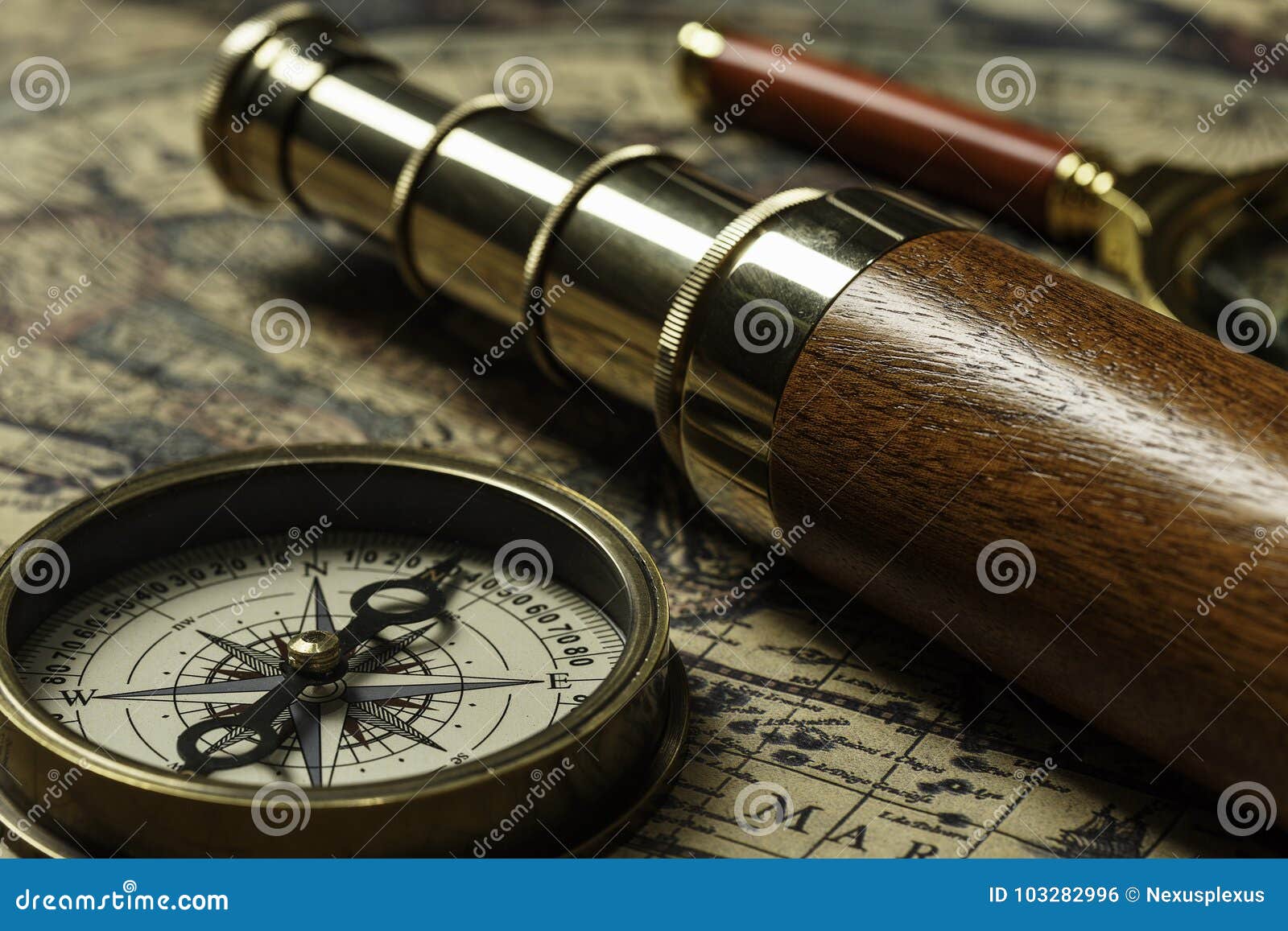 Retro Compass with Old Map and Spyglass Stock Photo - Image of retro ...