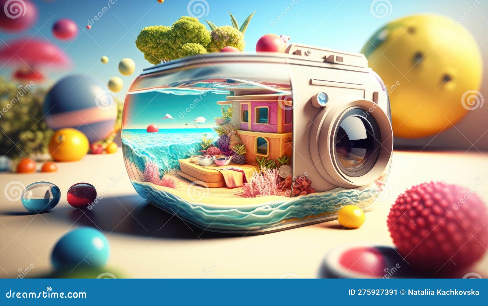 Concept of Travelling Postcard with Big Camera Stock Illustration ...