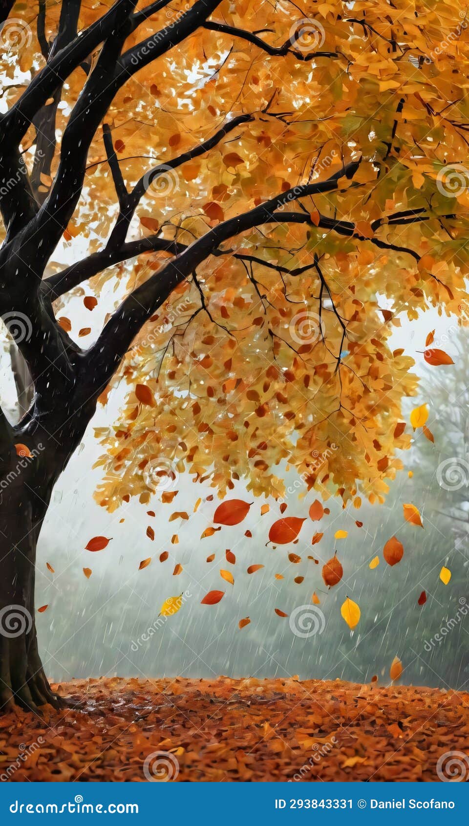 Tree during Autumn with Falling Leaves and Rain. Generative AI Stock ...