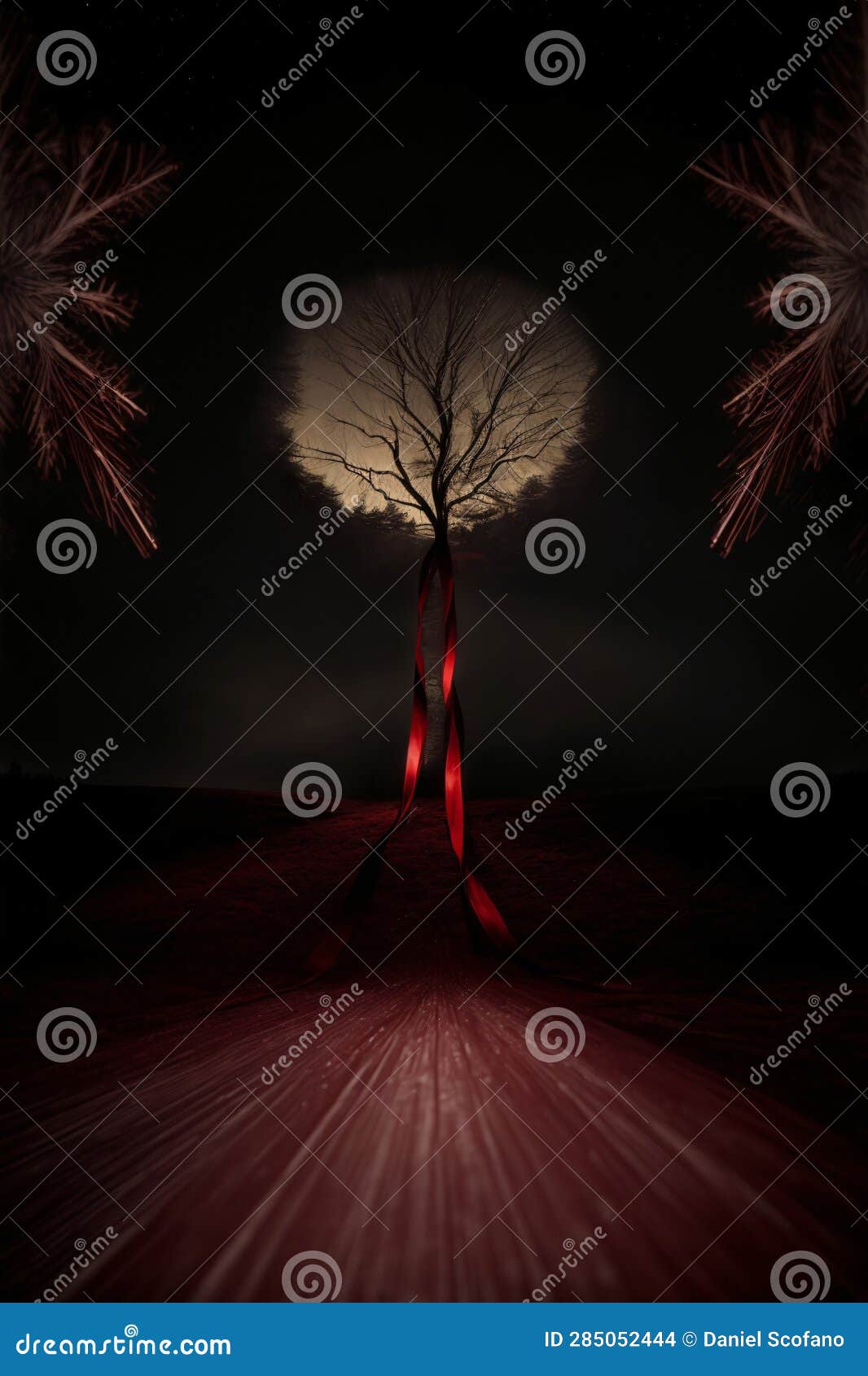 A Tree with a Red Ribbon in Front of a Full Moon. Generative AI Stock ...