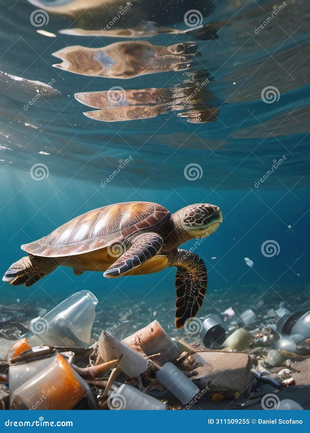 Turtle Swimming among Trash Underwater, Plastic Waste in Sea Water ...