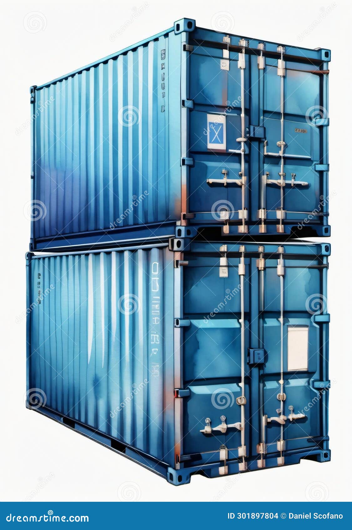 Two Blue Shipping Containers with One Open and the Other Closed ...
