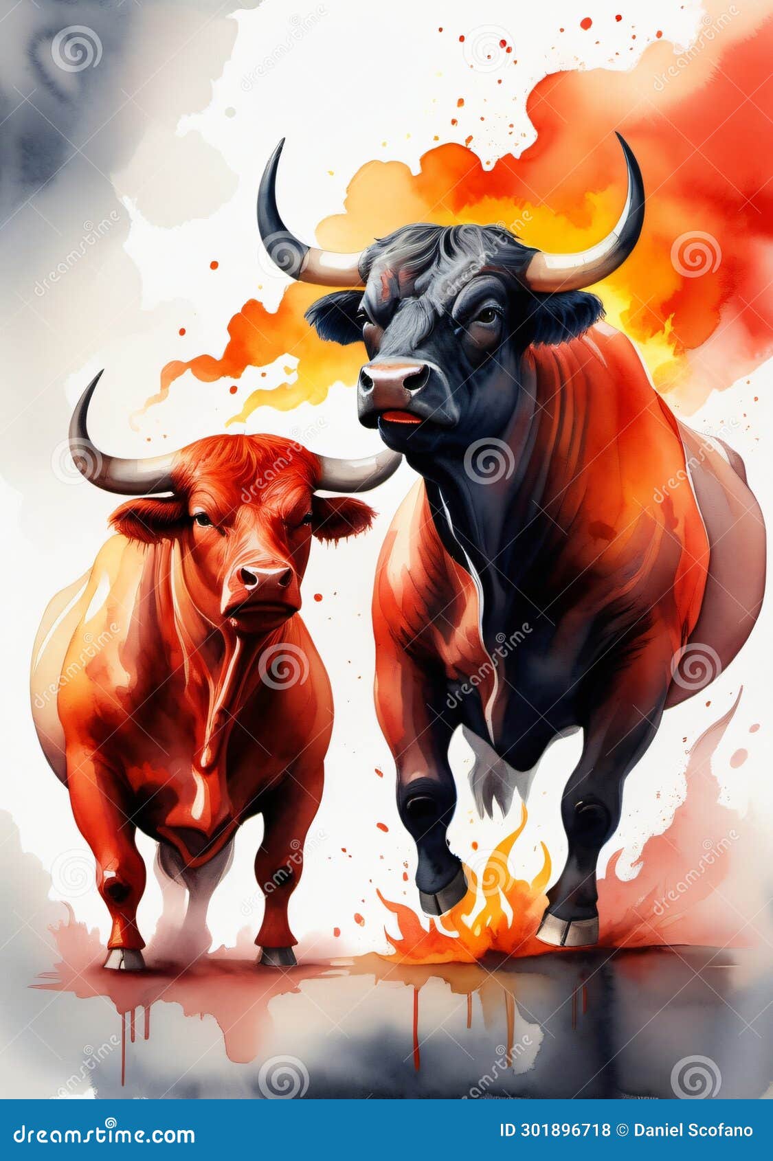 Two Bulls in the Fore. Generative AI Stock Illustration - Illustration ...