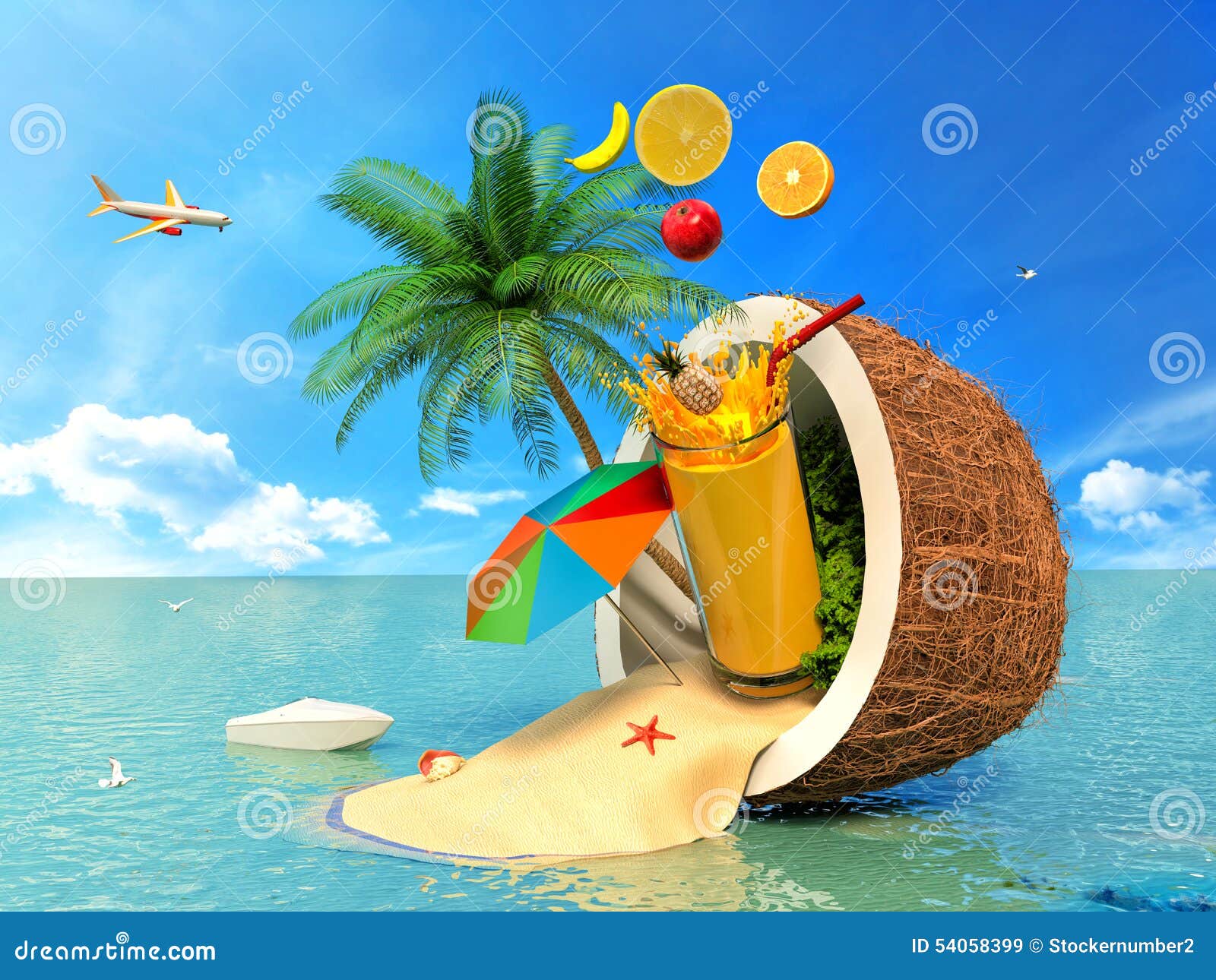 The Concept of Vacation. Coconut, Beach Umbrella and Fruit Juice Stock ...