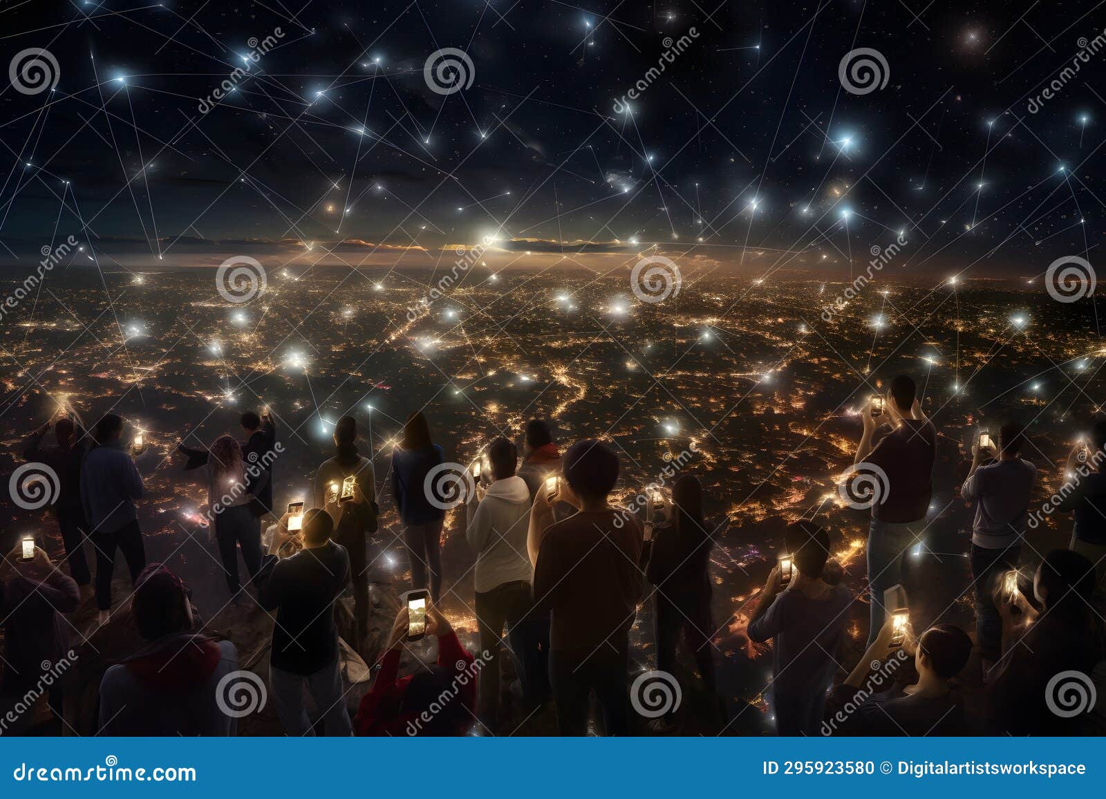 Concept Vision on People Connected by Beams. Earth Surface from Space ...