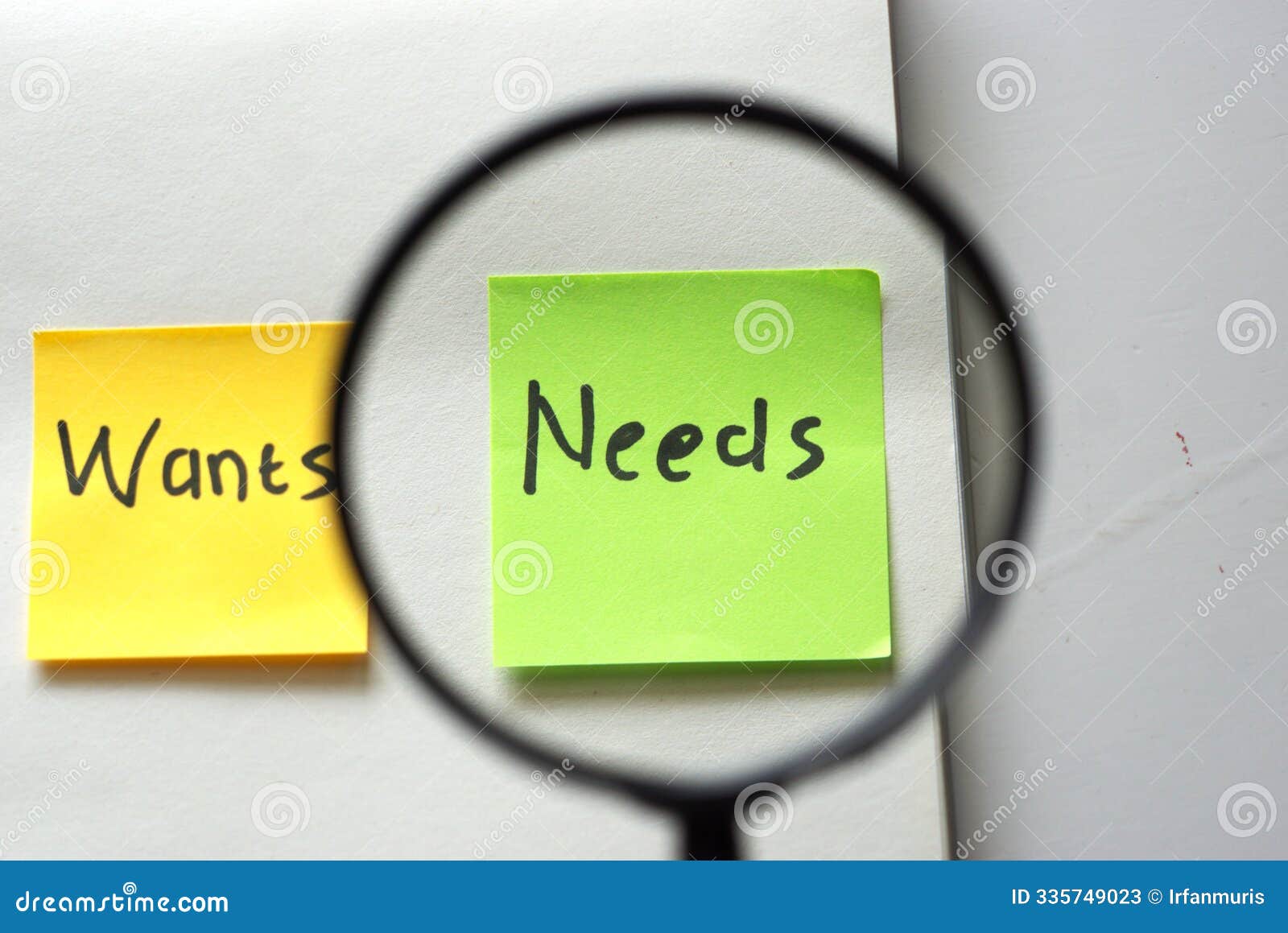 The Concept of Wants Vs Needs with Magnifying Glass Stock Image - Image ...