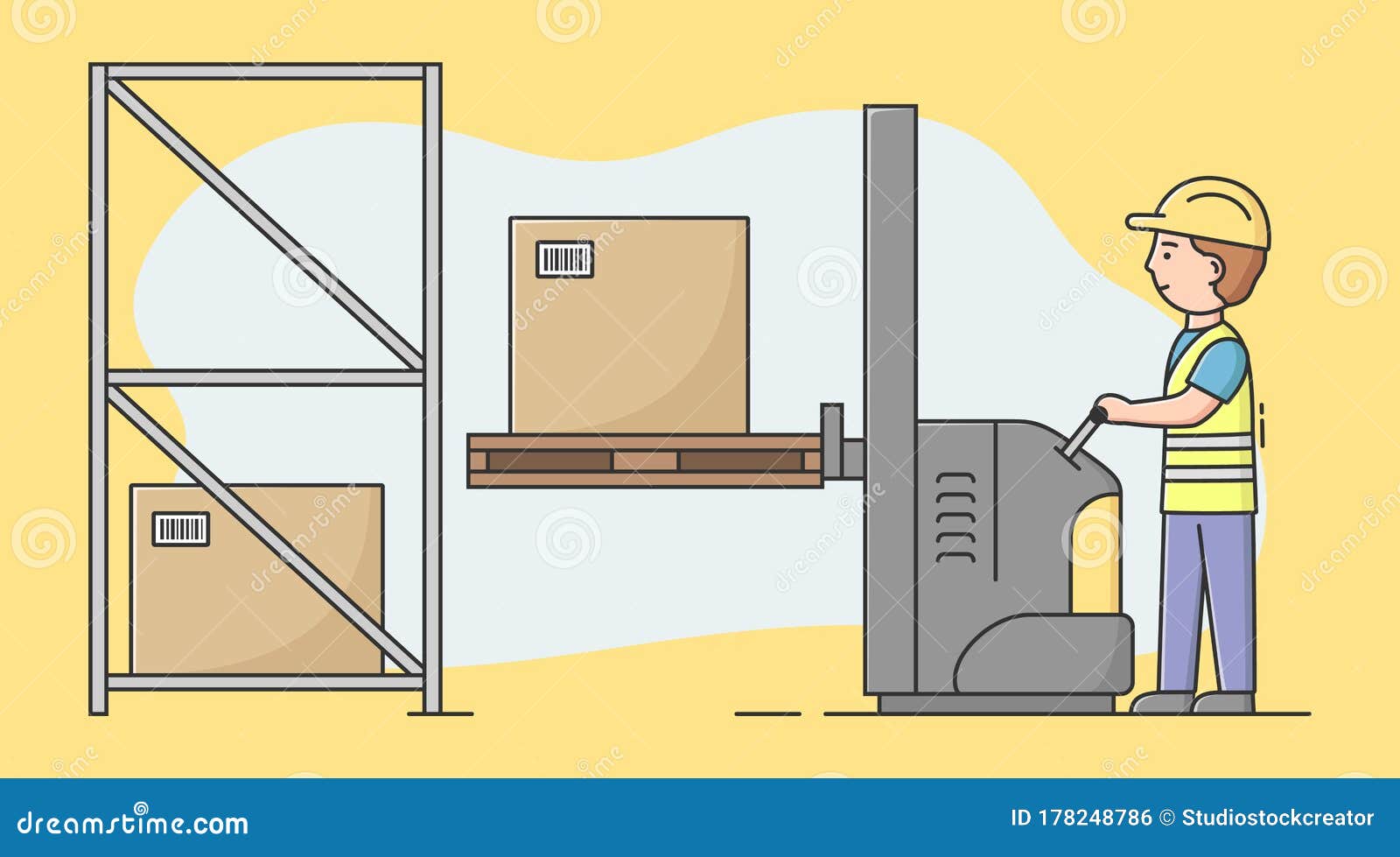Concept of Warehouse. Cheerful Worker is Loading Pallet on Rack by ...