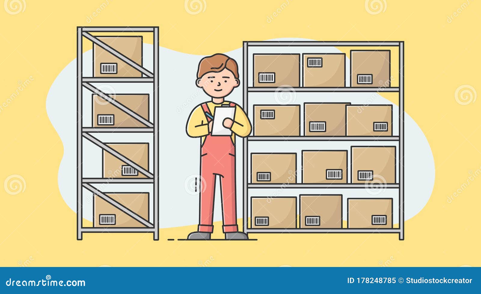 Concept Of Warehouse. Male Character Is Writing In Notebook. Storehouse ...