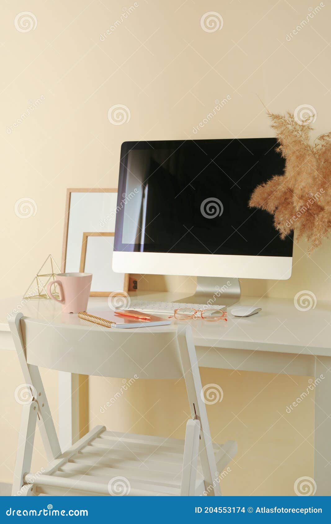 Concept of Workplace with Modern Desktop Computer on White Table Stock ...