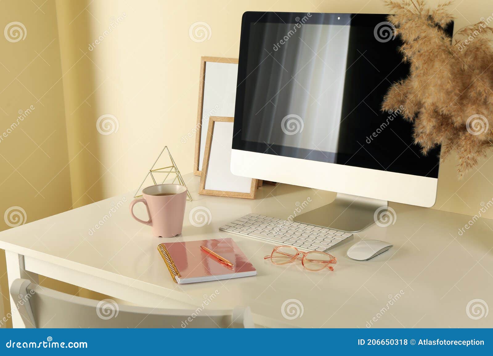 Concept of Workplace with Modern Desktop Computer on White Table ...