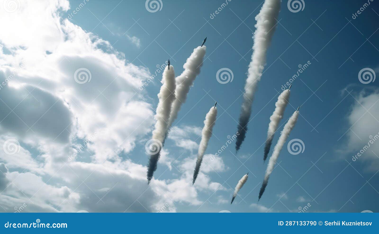 The Concept of a World without War. Military Missiles Bombs Fly Explode ...