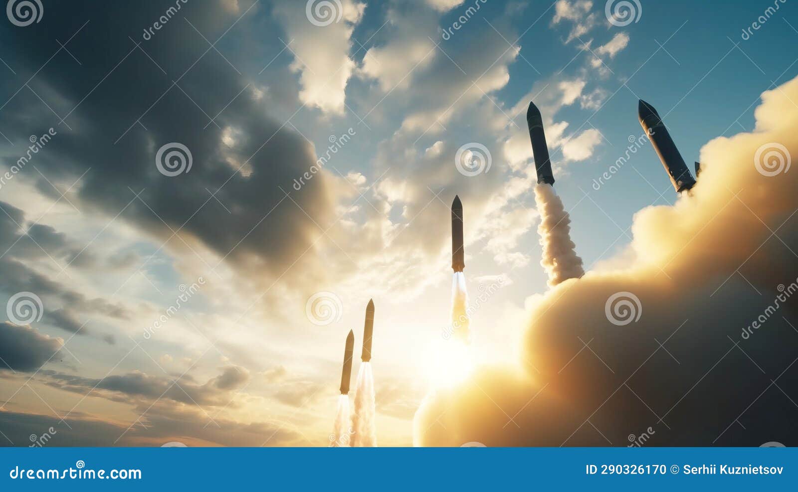 The Concept of a World without War. Military Missiles Bombs Fly Explode ...