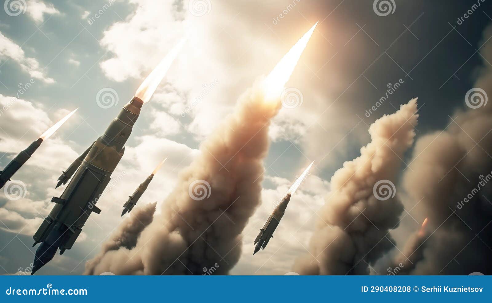 The Concept of a World without War. Military Missiles Bombs Fly Explode ...