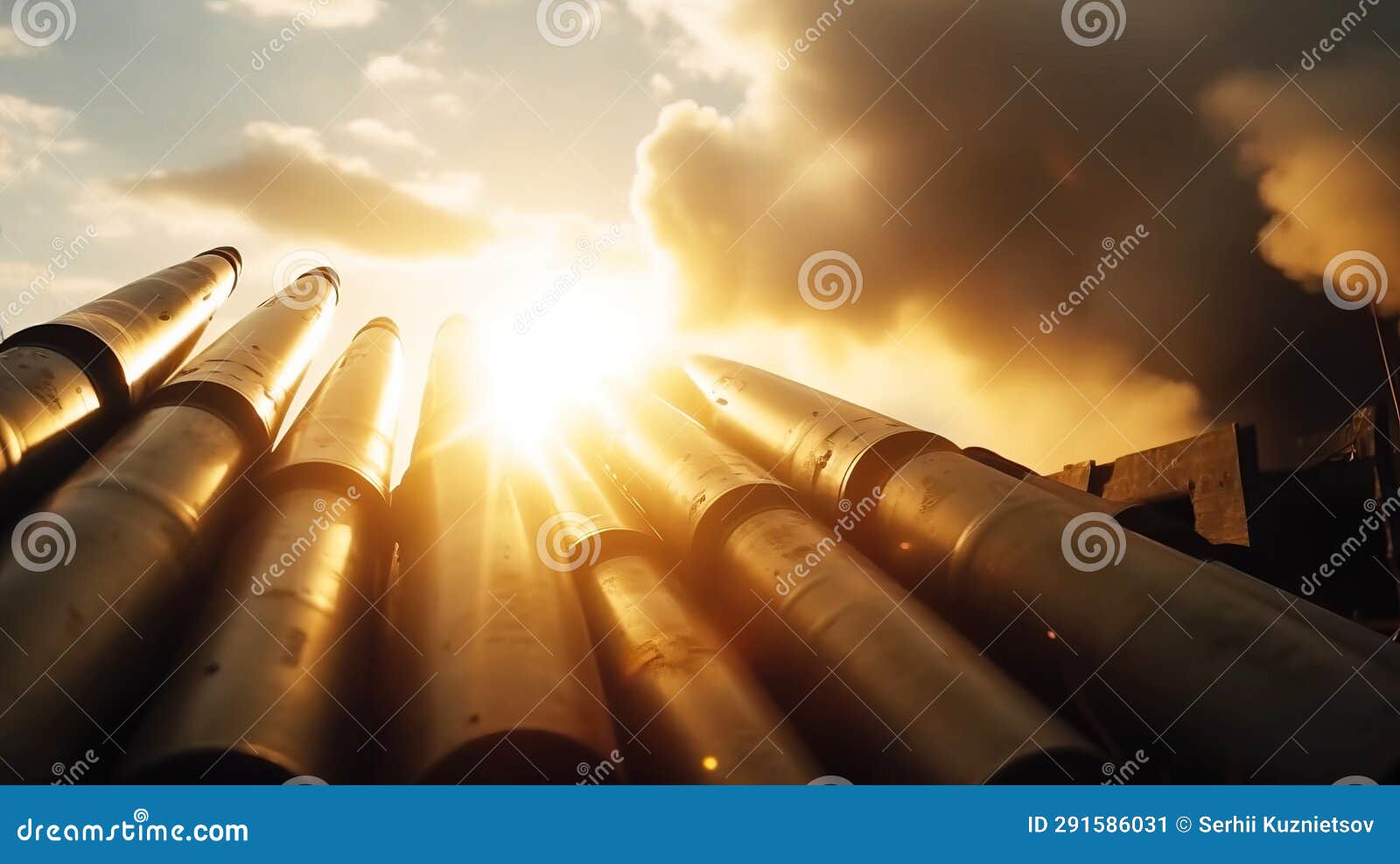 The Concept of a World without War. Military Missiles Bombs Fly Explode ...