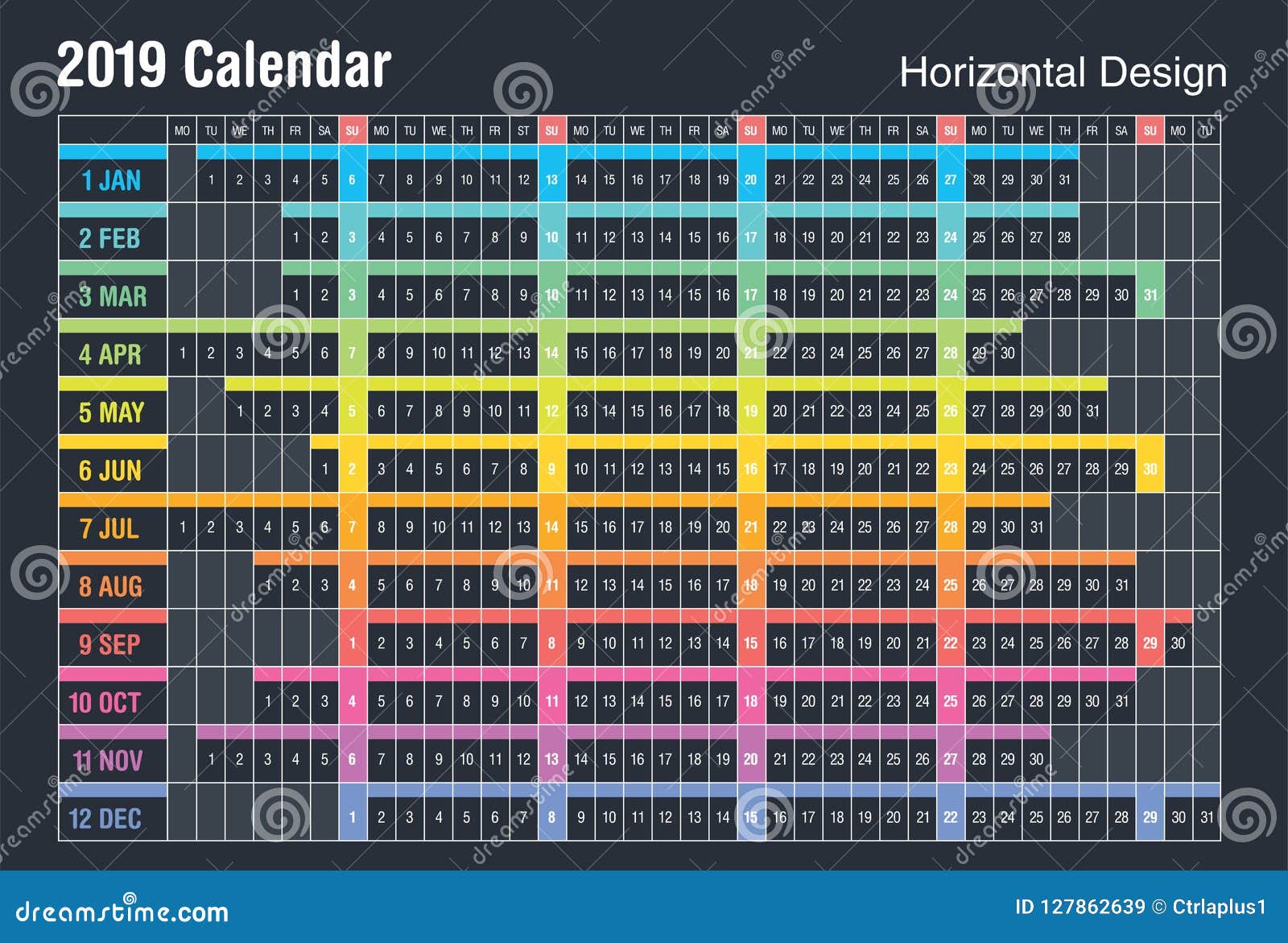 Conception Horizontale De 2019 Calendriers Style Polychrome De Vecteur ...