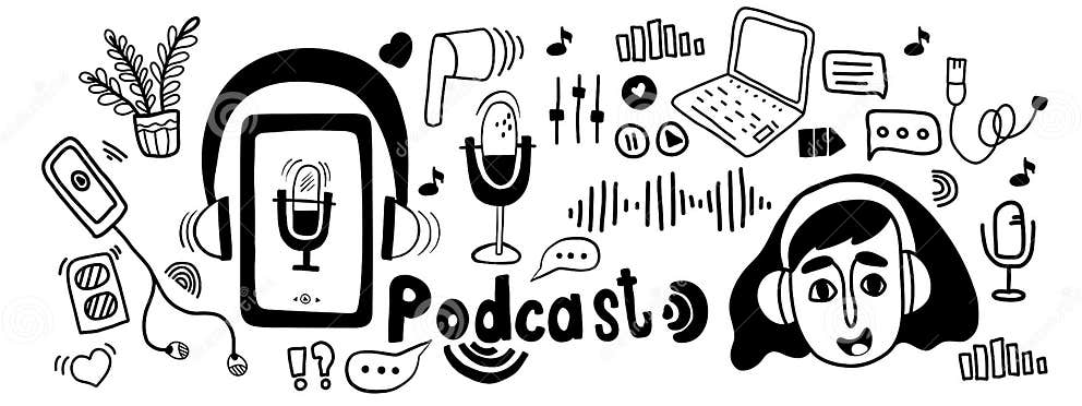 Concepto De Esbozo De Podcast. Podcaster De Mujeres Con Audífonos Y ... Concepto De Esbozo De Podcast. Podcaster De Mujeres Con Audífonos Y ...