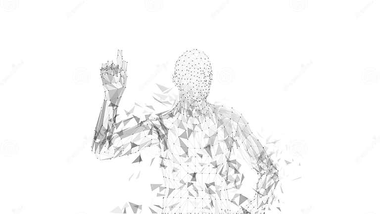 Conceptual Abstract Man Pointing Finger Up Connected Lines Dots Triangles Particles On White