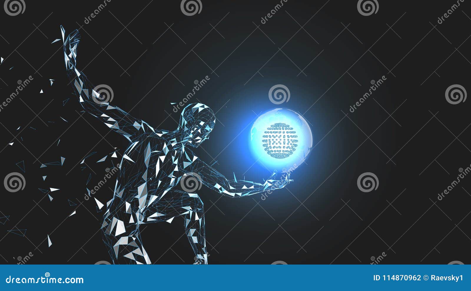 Conceptual Abstract Man with World Globe. Connected Lines, Dots, Triangles, Particles ...