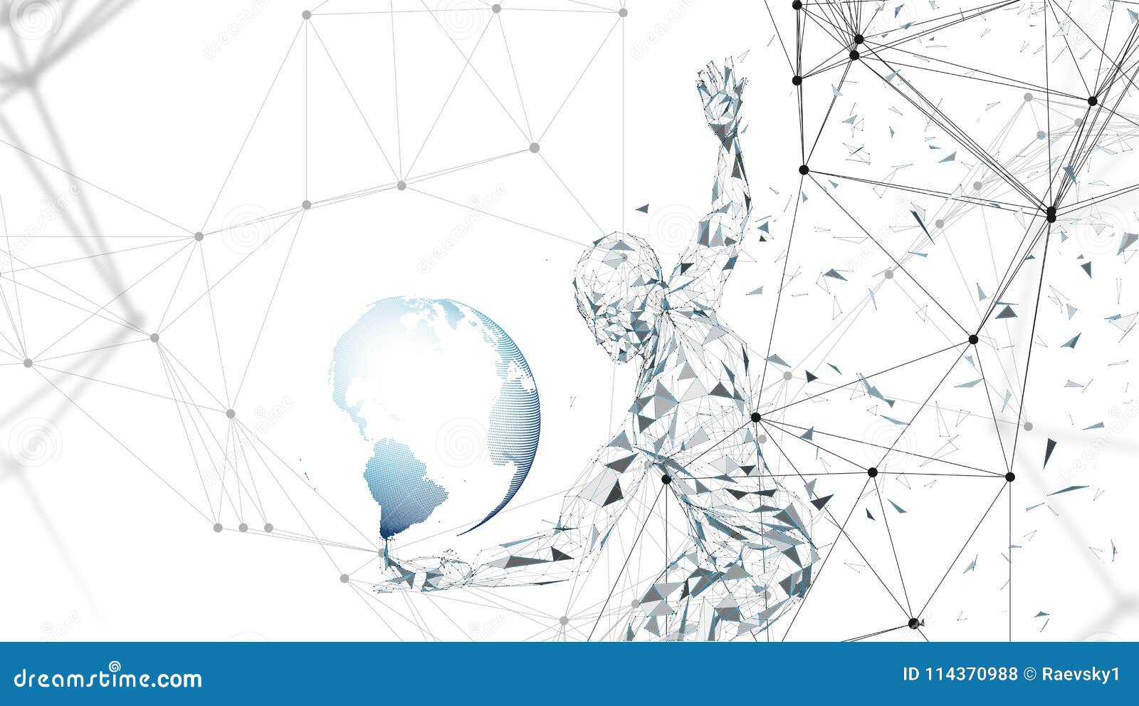 Conceptual Abstract Man with World Globe. Connected Lines, Dots, Triangles, Particles ...