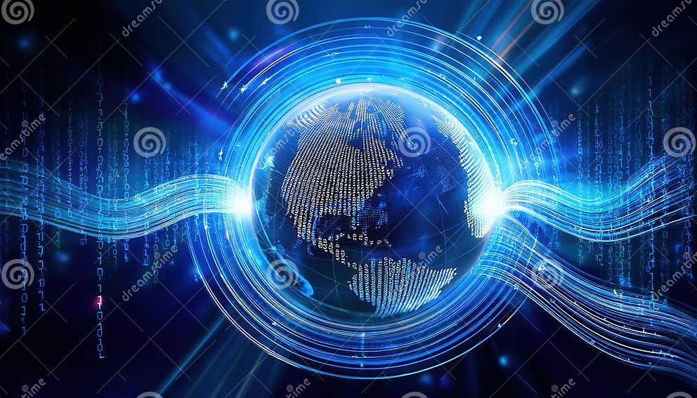 Conceptual AI Globe Surrounded by Swirling Binary Code Streams Symbolizes Data Driven Global ...