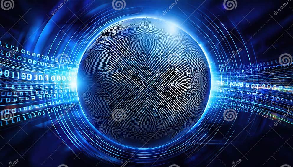 Conceptual AI Globe Surrounded by Swirling Binary Code Streams Symbolizes Data Driven Technology ...