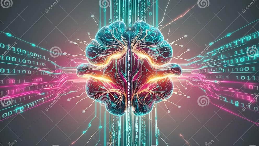 Conceptual AI Neural Network Glowing in Vibrant Hues with Binary Code Streaming, Representing ...