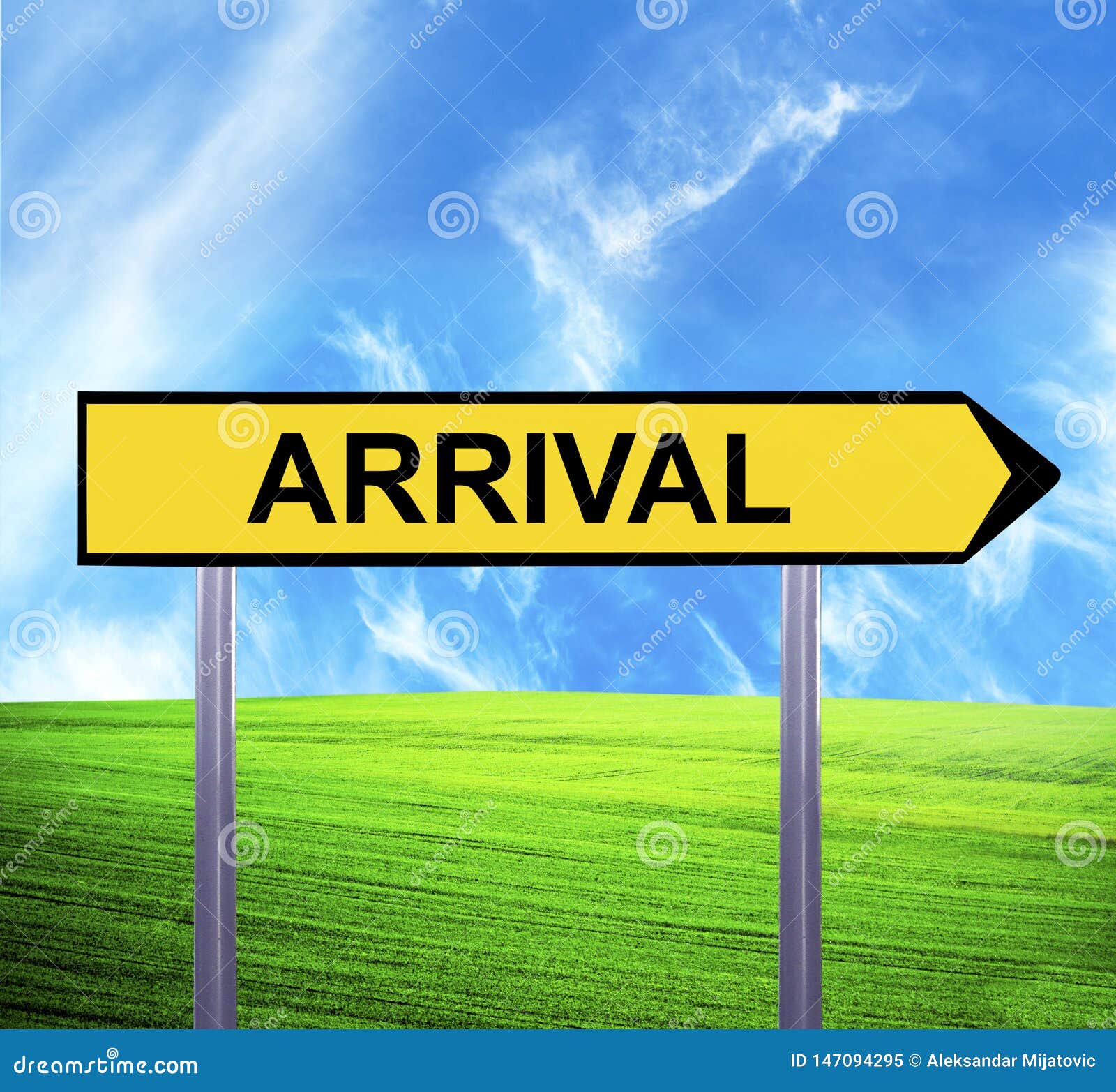 Conceptual Arrow Sign Against Beautiful Landscape with Text - ARRIVAL ...
